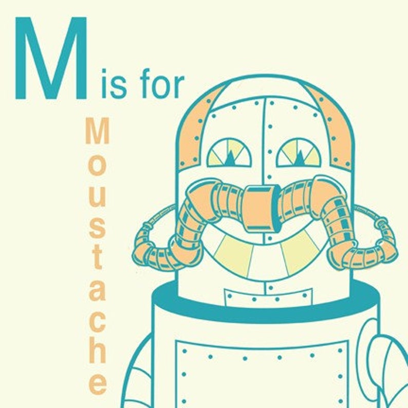 Robot Alphabet Print - M is for Moustache, Robot Nursery Decor, Baby ...