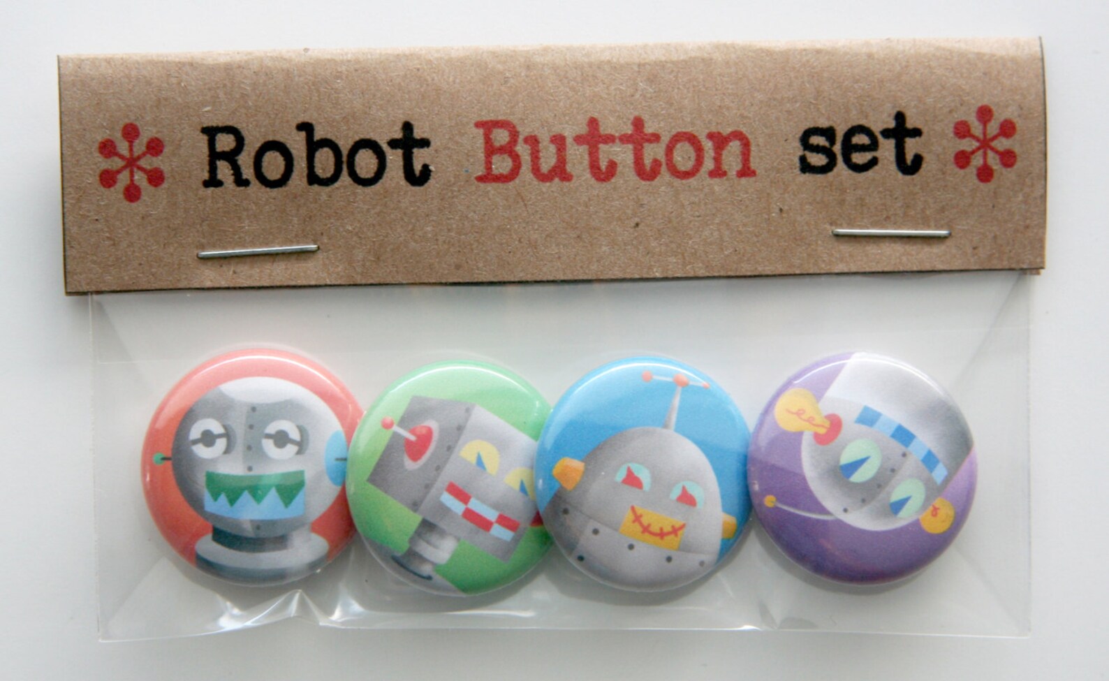 Robot Pinback Buttons Set of Four Robot Gift Idea Robot Pin - Etsy