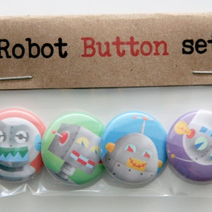 Robot Pinback Buttons, Set of Four, Robot Gift Idea, Robot Pin Set ...
