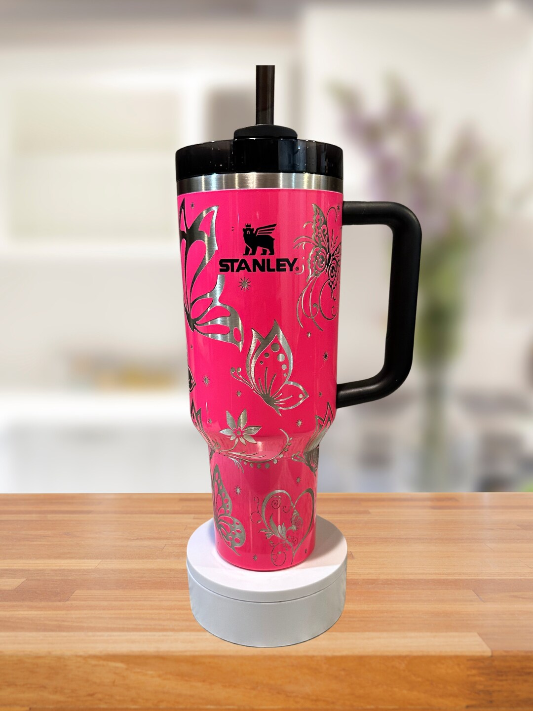 Engraved Stanley Tumbler Neon Pink Butterfly Design Engraved Quencher ...