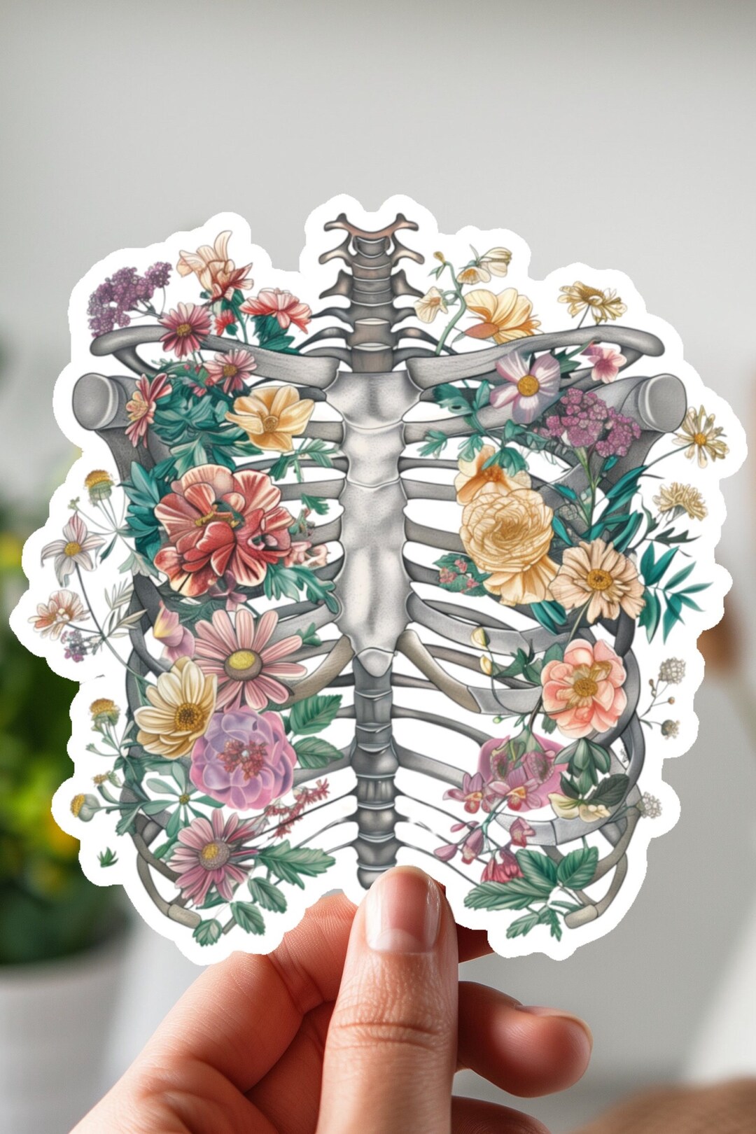 Skeleton Thorax & Floral Elements Vinyl Sticker Unique Illustrated ...