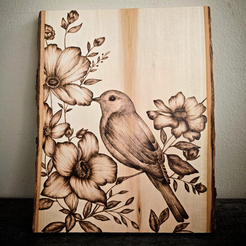 Handcrafted Pyrography Home Decor, Wood Burned Bird and Flower Wall Art ...