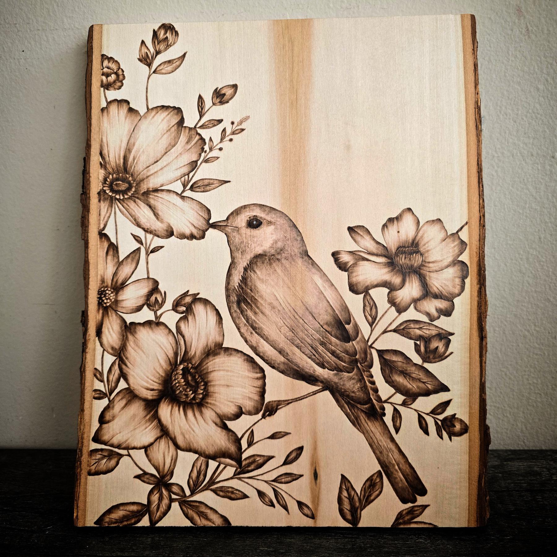 Handcrafted Pyrography Home Decor, Wood Burned Bird and Flower Wall Art ...