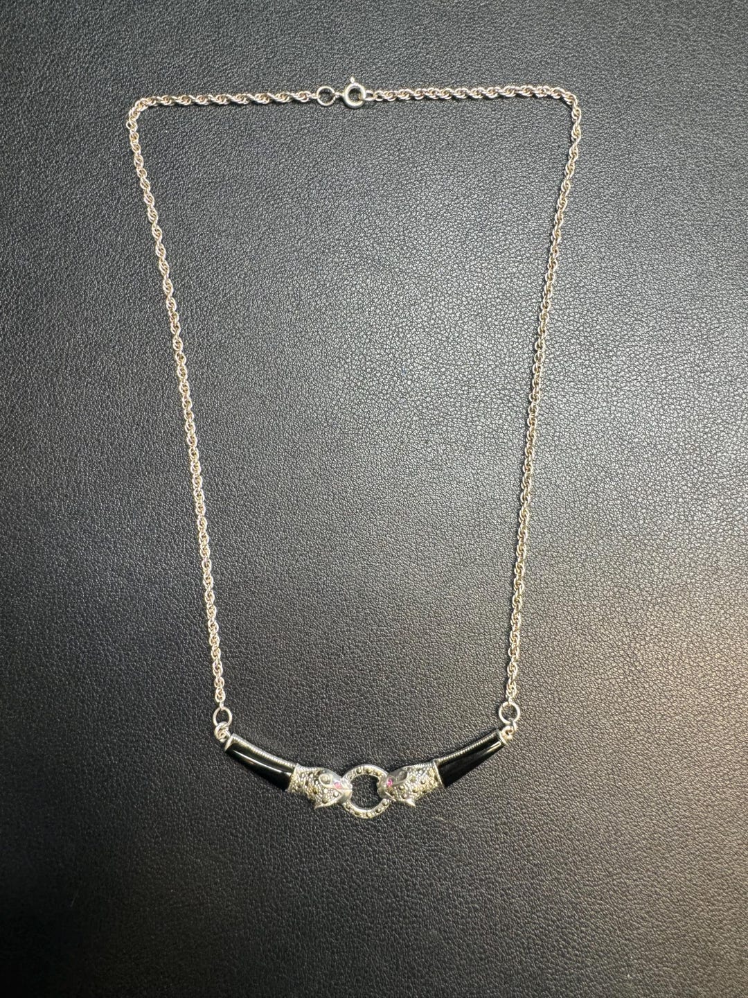 12.61g .925 Sterling Silver Panther Pendant With Lab Ruby, Marcasite, Onyx & 17 Rope Chain Drop ...