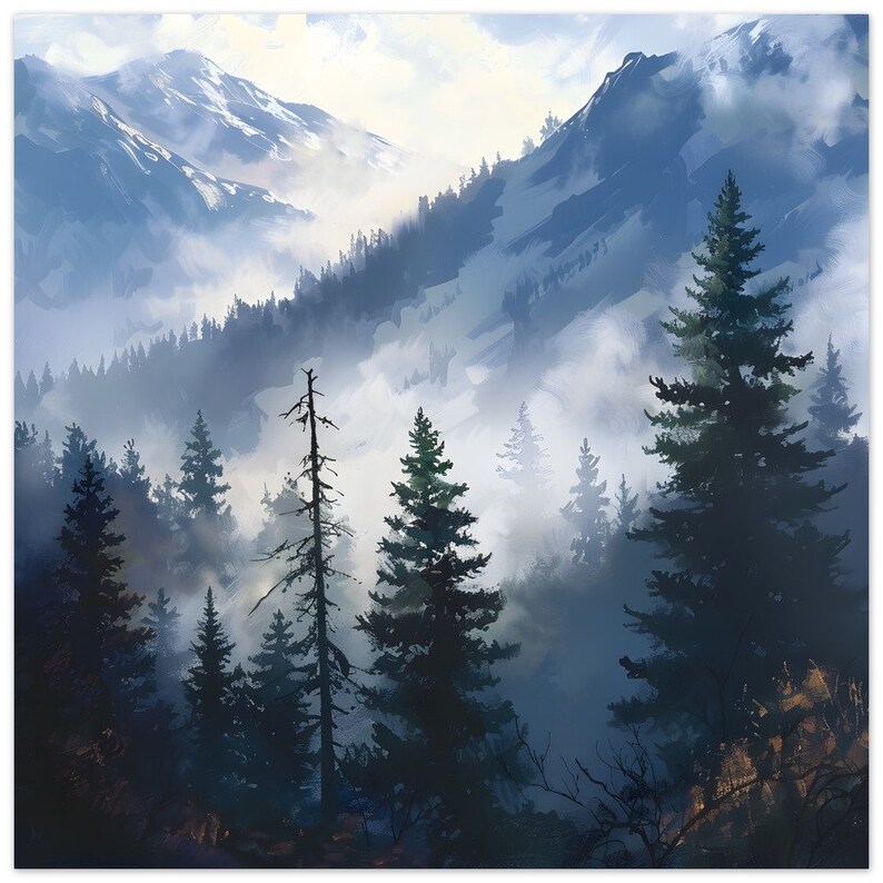 Poster Foggy Mountain Art Nature Print Misty Mountain Landscape Wall ...