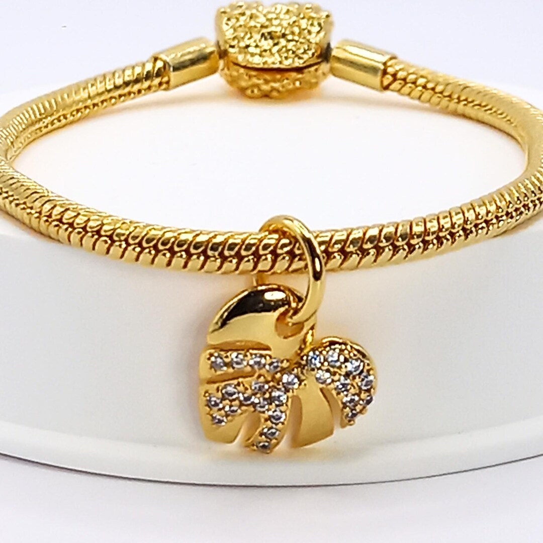 Monstera Leaf Gold Plated Over Silver Cubic Zirconia Charm Fits Pandora ...