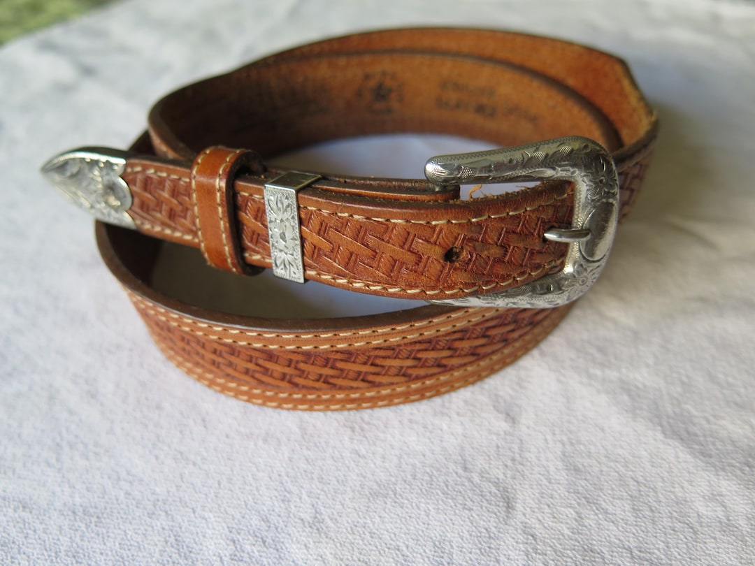 Vintage Silver Creek Collection Leather Tooled Belt With Sterling ...