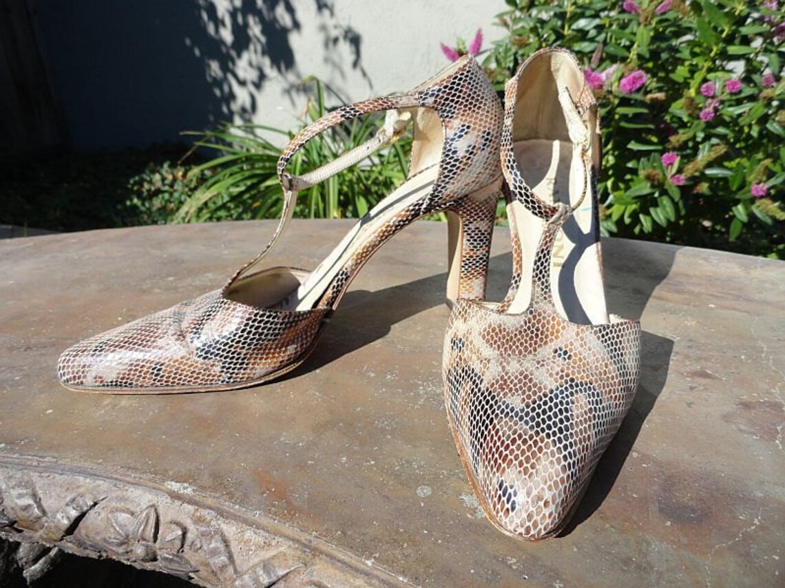 Vintage 70s Reptile Snake Python Skin All Leather T-strap Italian Shoes ...