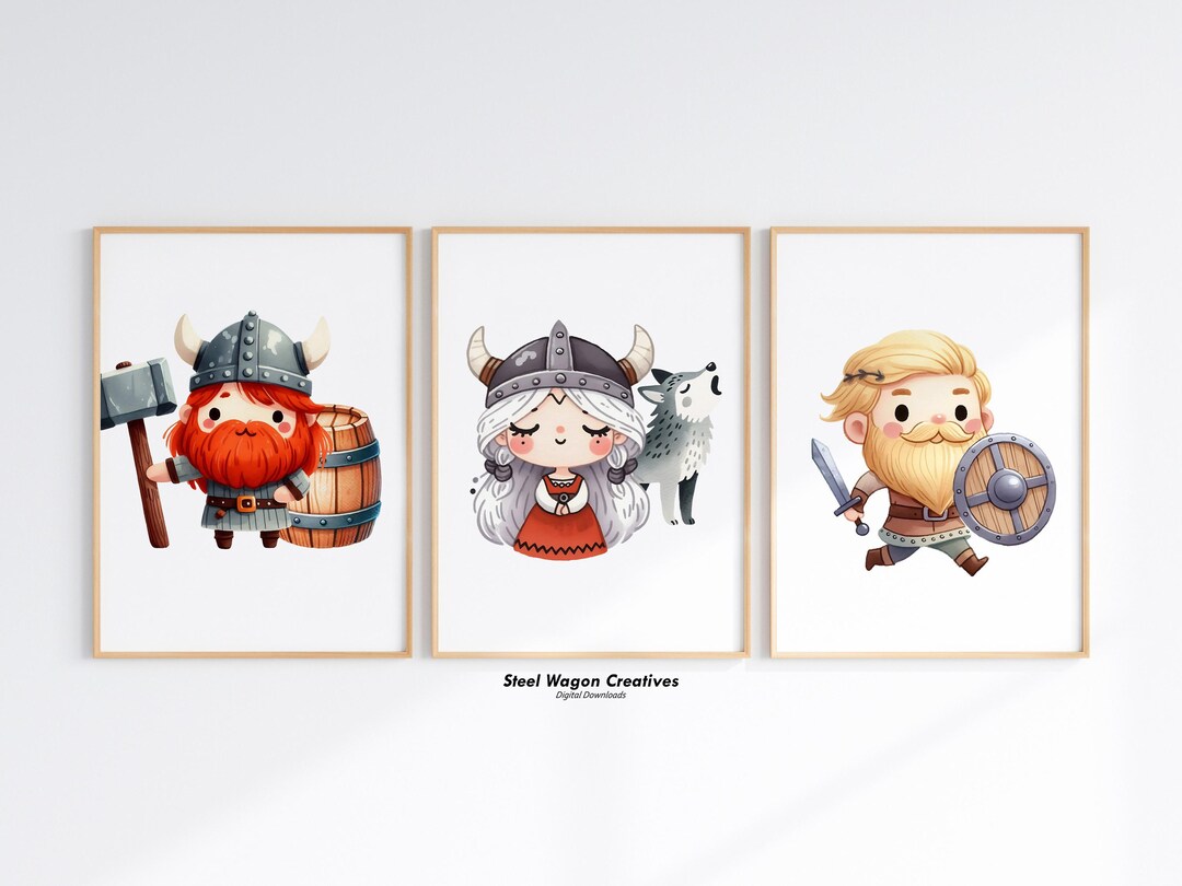 Whimsical Viking Prints, Medieval Art for Kids, Norse Viking Wall Decor ...