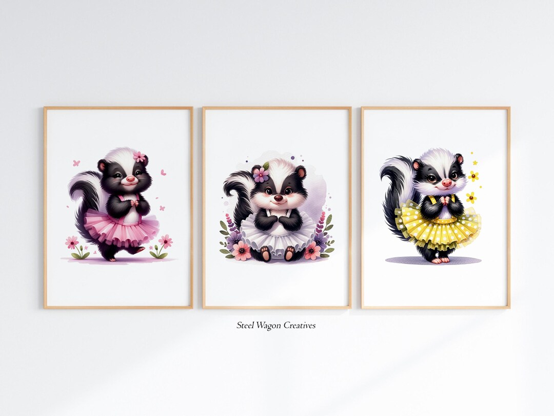 Ballerina Nursery Wall Art, Set of 3, Watercolor Skunk Prints, Girly ...