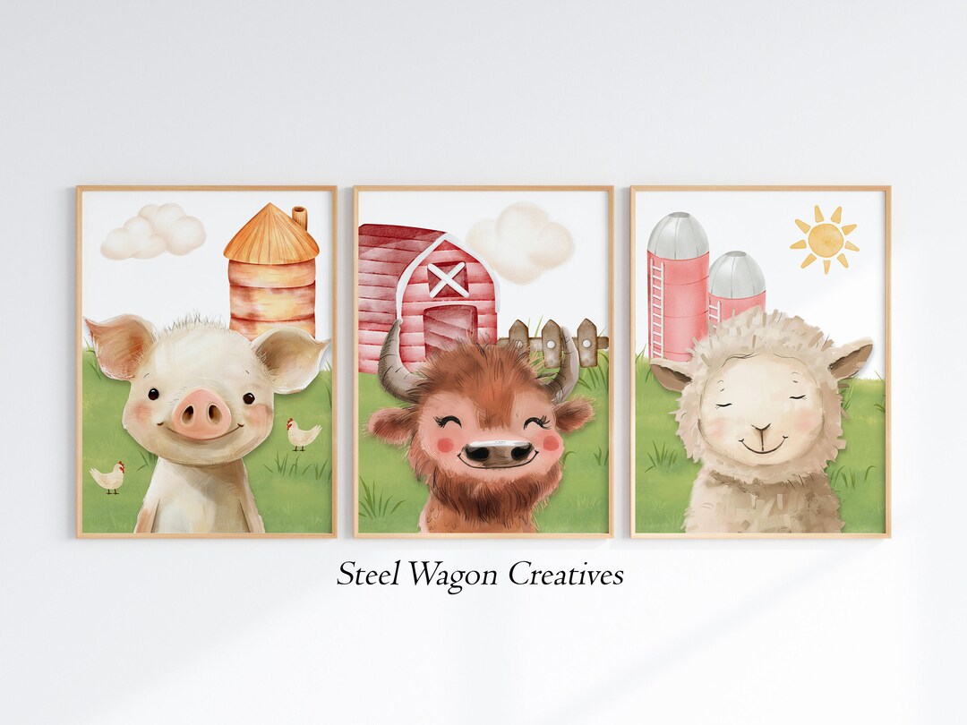Cute Farm Animal Art Work Trio, Colorful Pig Cow Sheep Nursery Wall Art ...