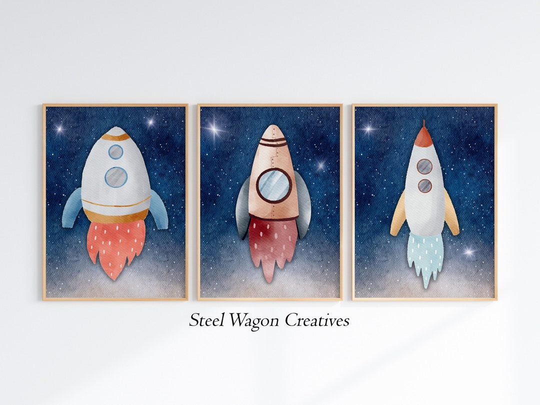 Outerspace Rocket Nursery Wall Art Trio, Space Rocket Wall Art, Space ...