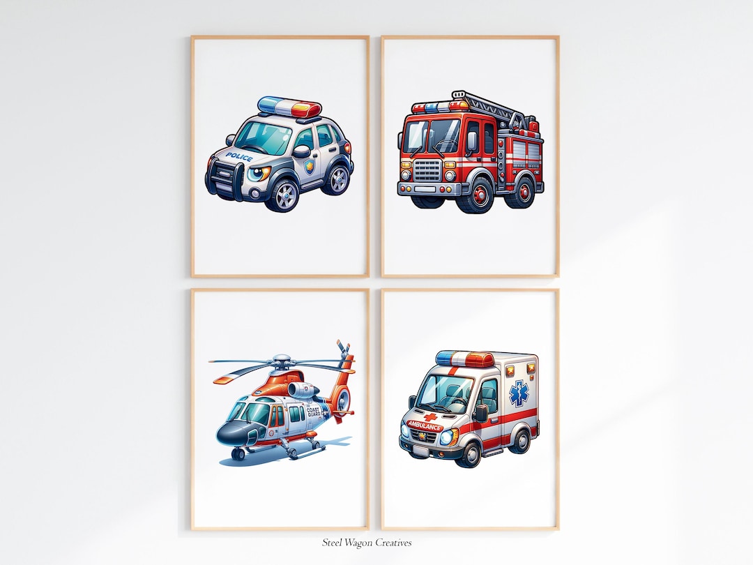 Emergency Vehicle Nursery Prints, Set of 4, Police Print, Fire Trucks ...