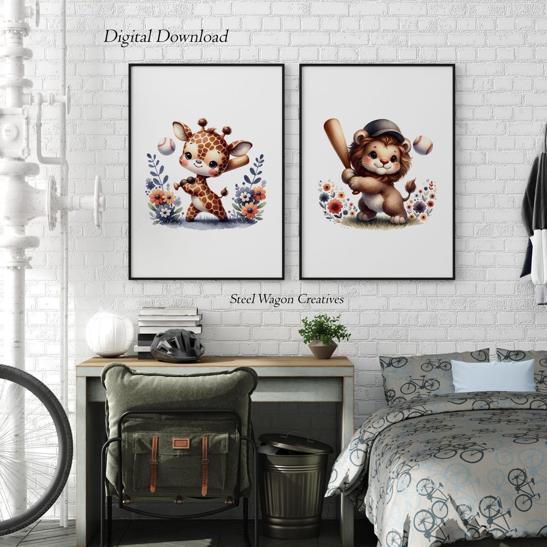 Cute Safari Animals Playing Baseball Nursery Art, Whimsical Giraffe ...