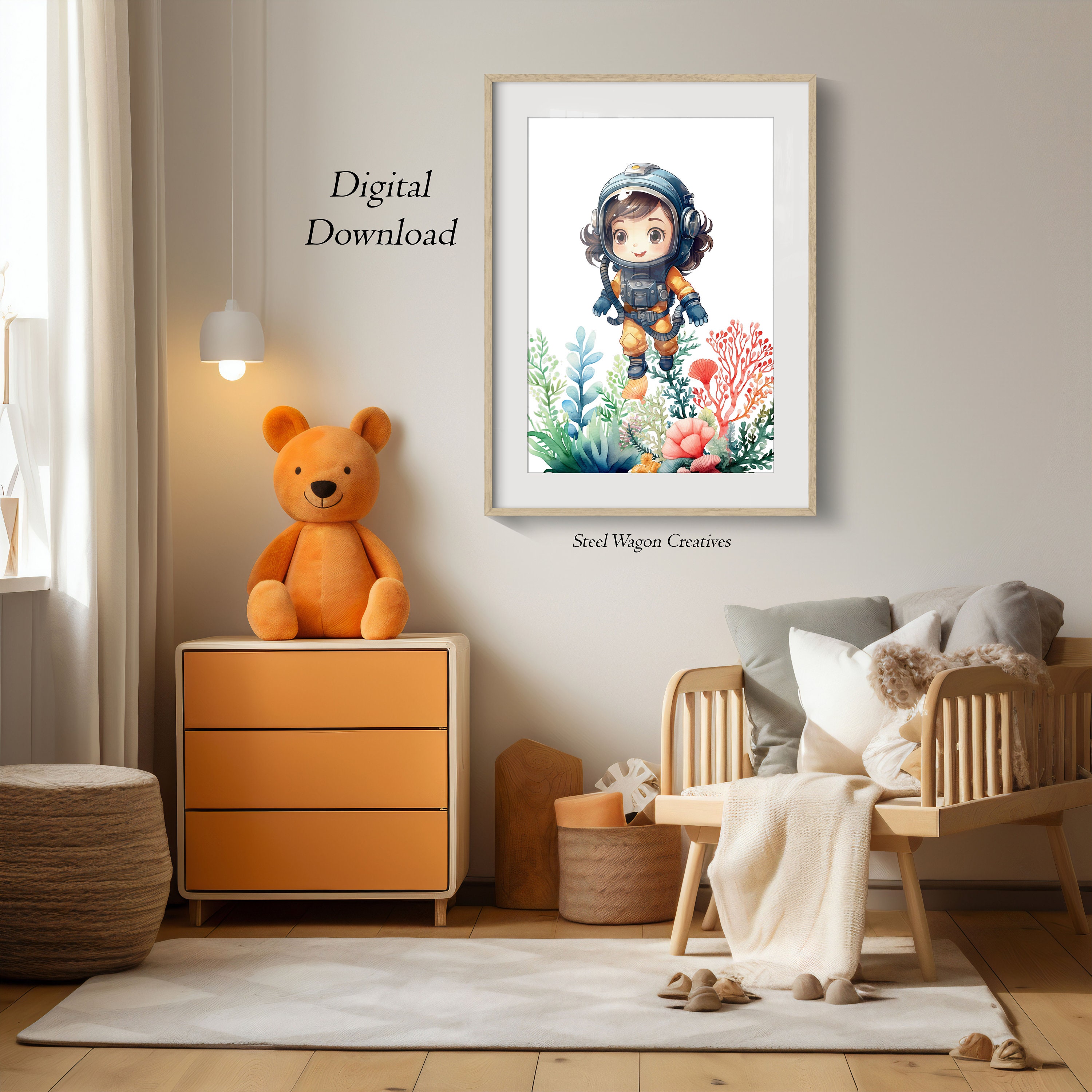Colorful Scuba Diver Coral Reef Print, Under the Sea Nursery Wall Art ...