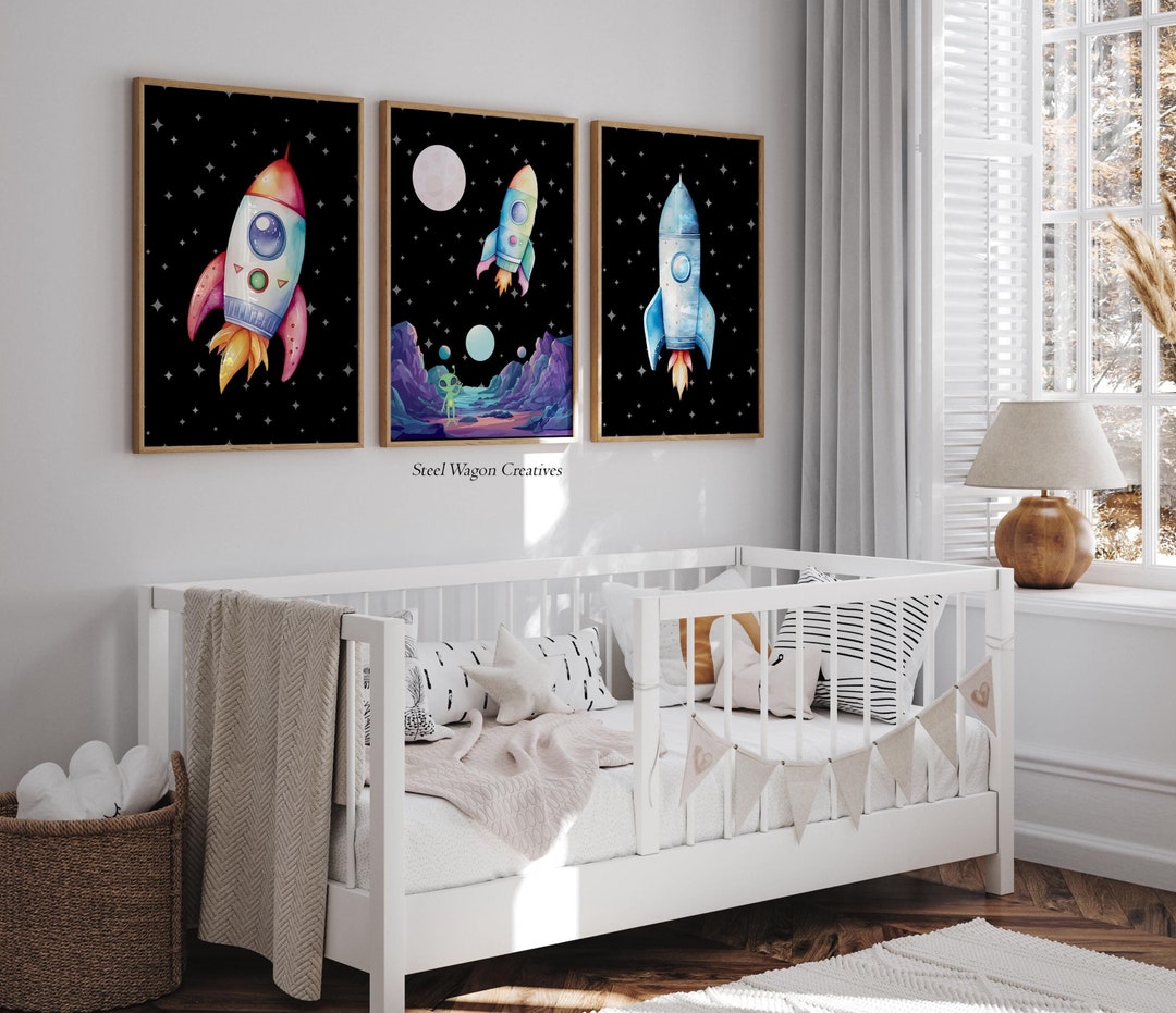 Watercolor Space Rocket Wall Art for Nursery Prints on Demand - Space ...