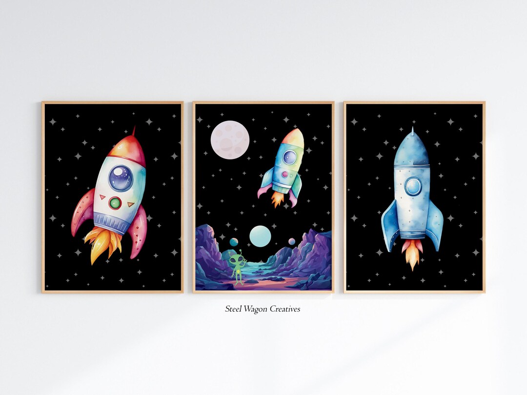 Watercolor Space Rocket Wall Art for Nursery Prints on Demand - Space ...