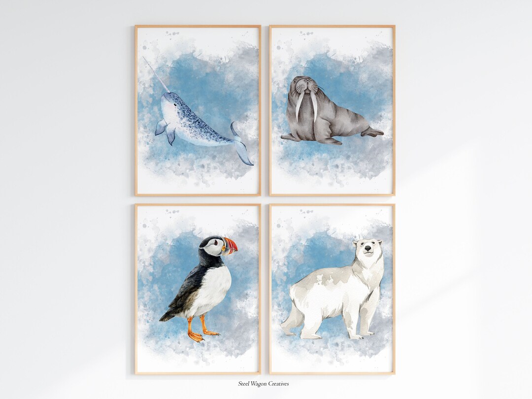 Arctic Animals Nursery Wall Art, Sea Life Watercolor Paintings, Cute ...