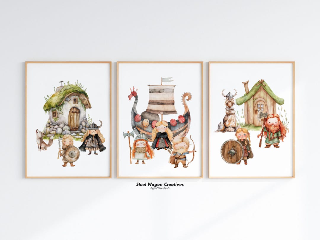 Viking Prints, Set of 3, Medieval Art for Kids, Norse Viking Wall Decor ...