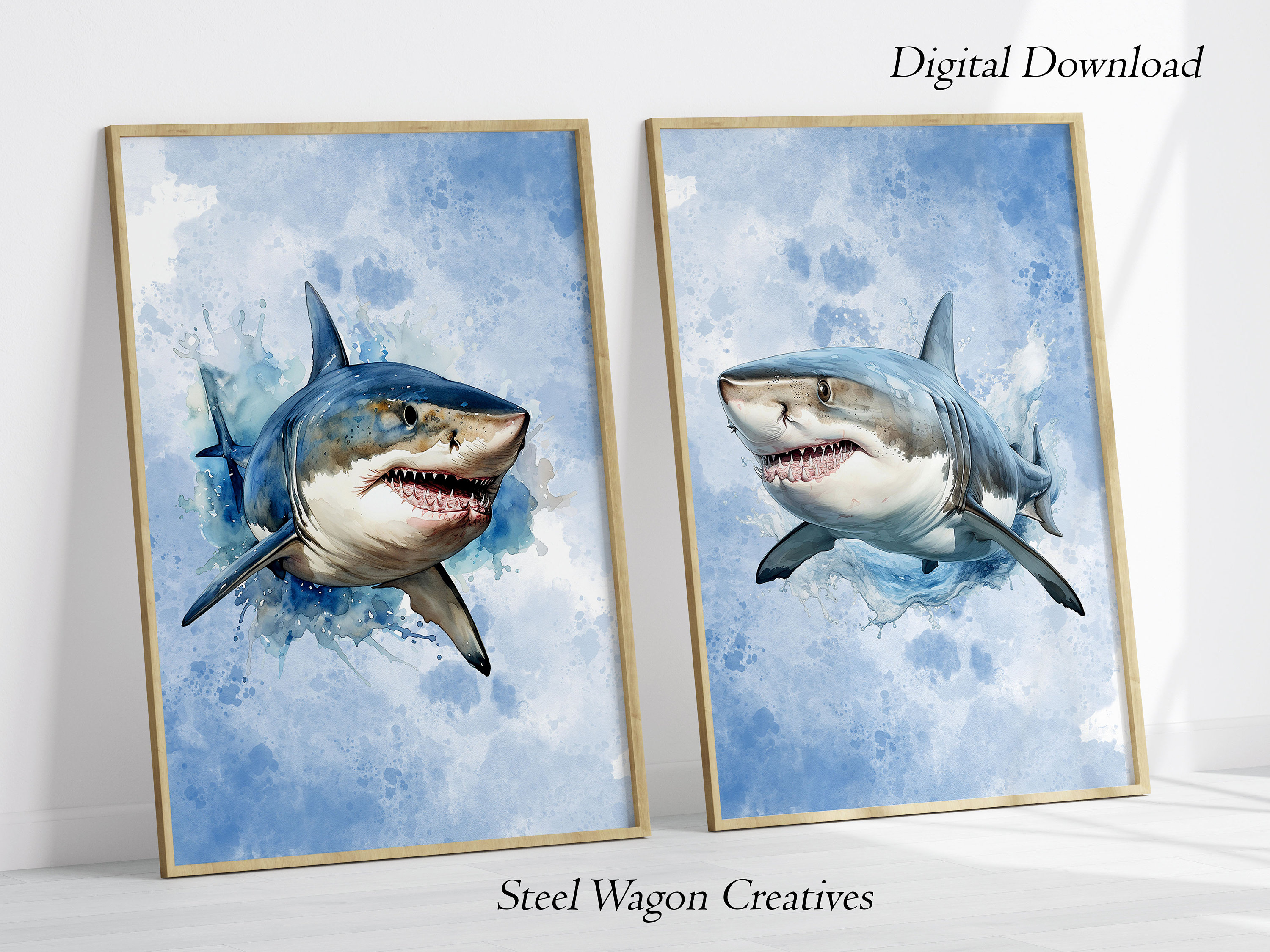 Great White Shark Art Print Duo, Under the Sea Animal Art Work, Boys ...