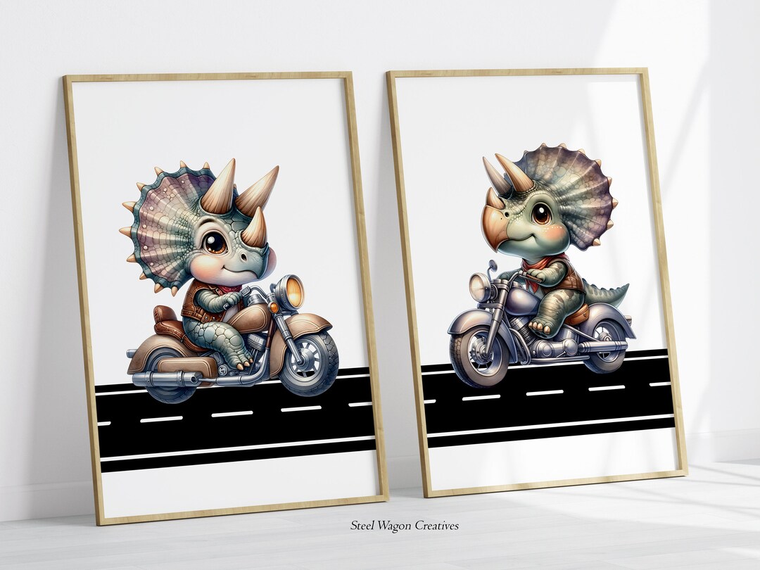 Triceratops Driving Motorcycles Boys Room Wall Art, Dinosaur Watercolor ...