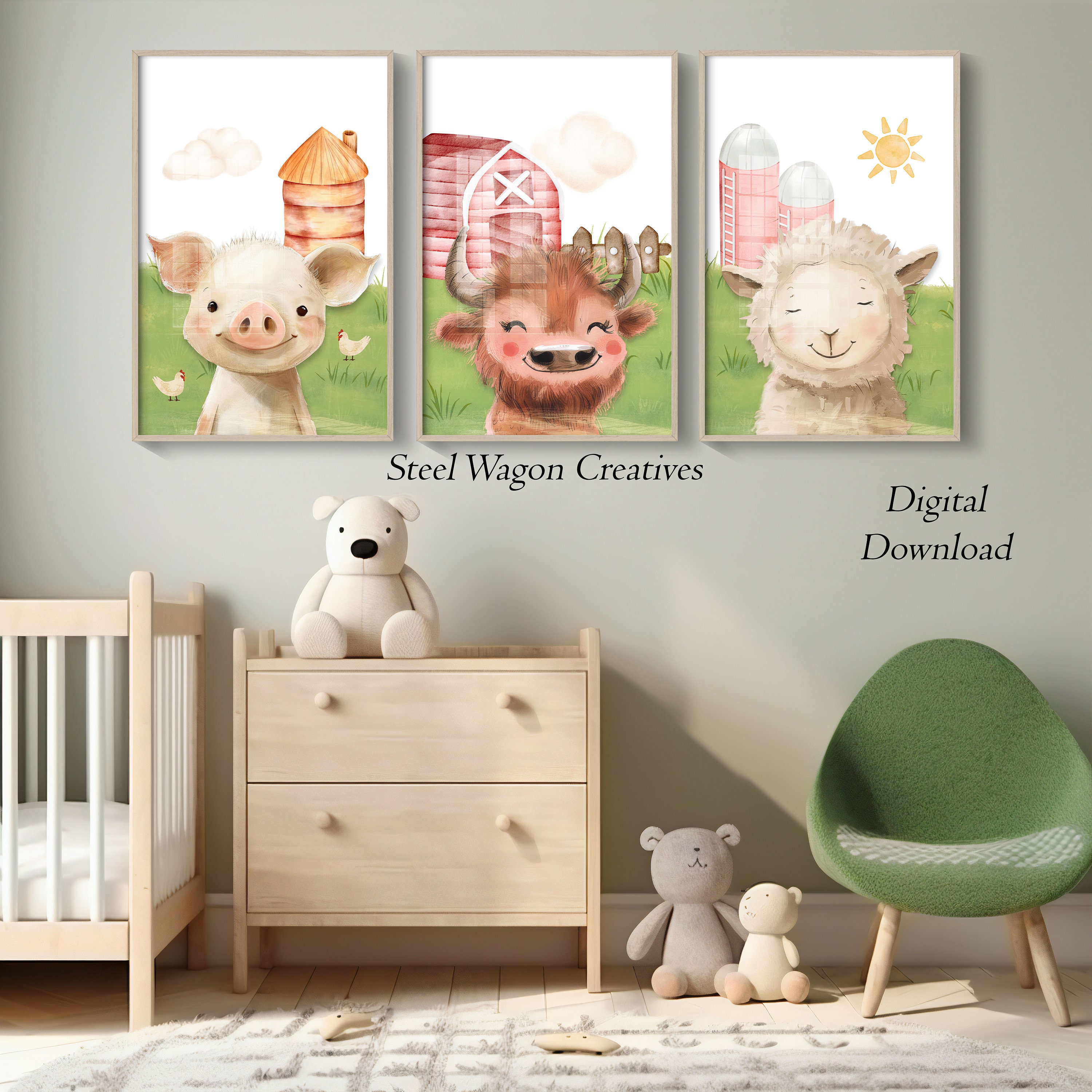 Cute Farm Animal Art Work Trio, Colorful Pig Cow Sheep Nursery Wall Art ...