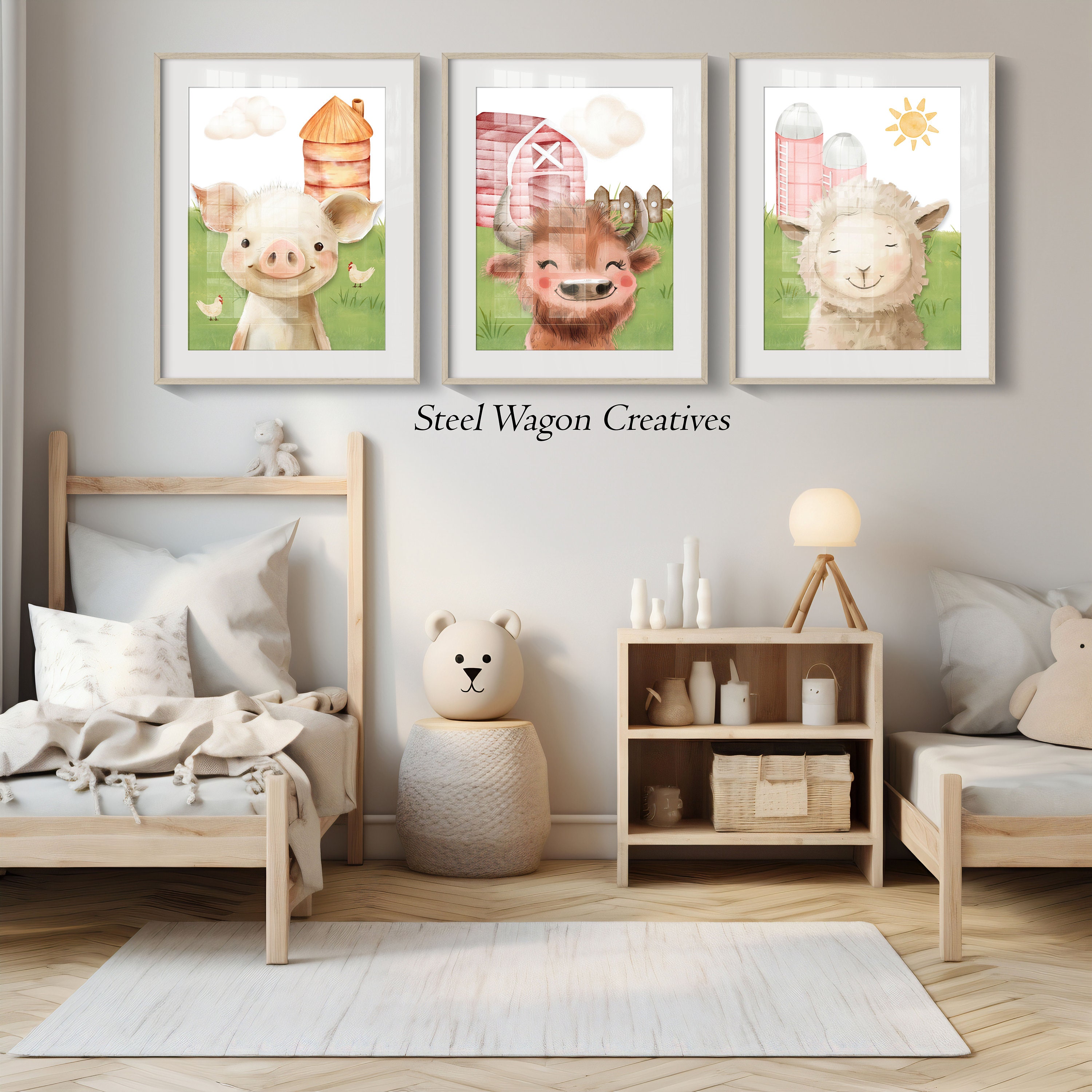 Cute Farm Animal Art Work Trio, Colorful Pig Cow Sheep Nursery Wall Art ...