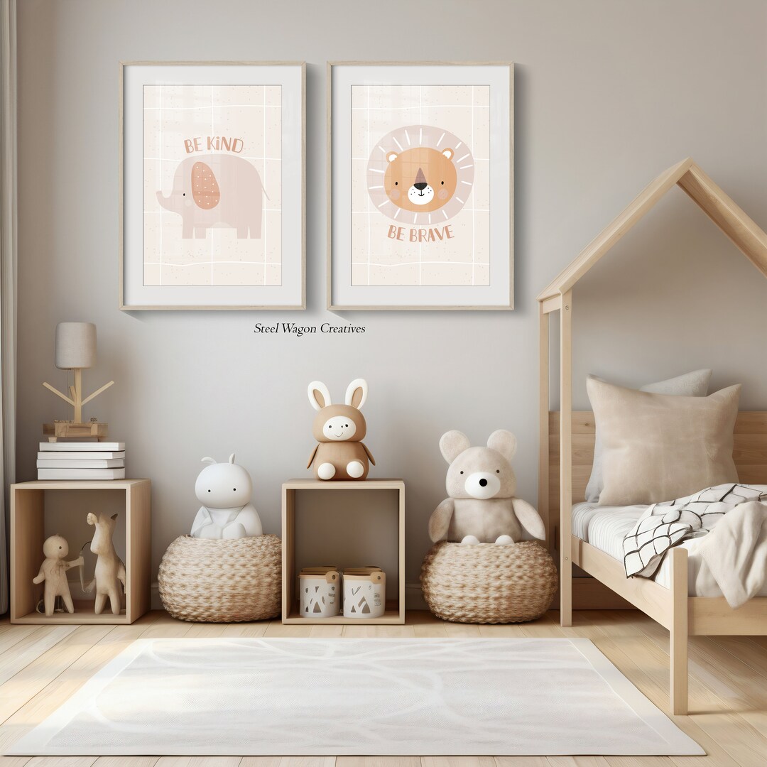 Neutral Safari Animal Nursery Wall Art, Set of 2, Elephant Prints, Be ...