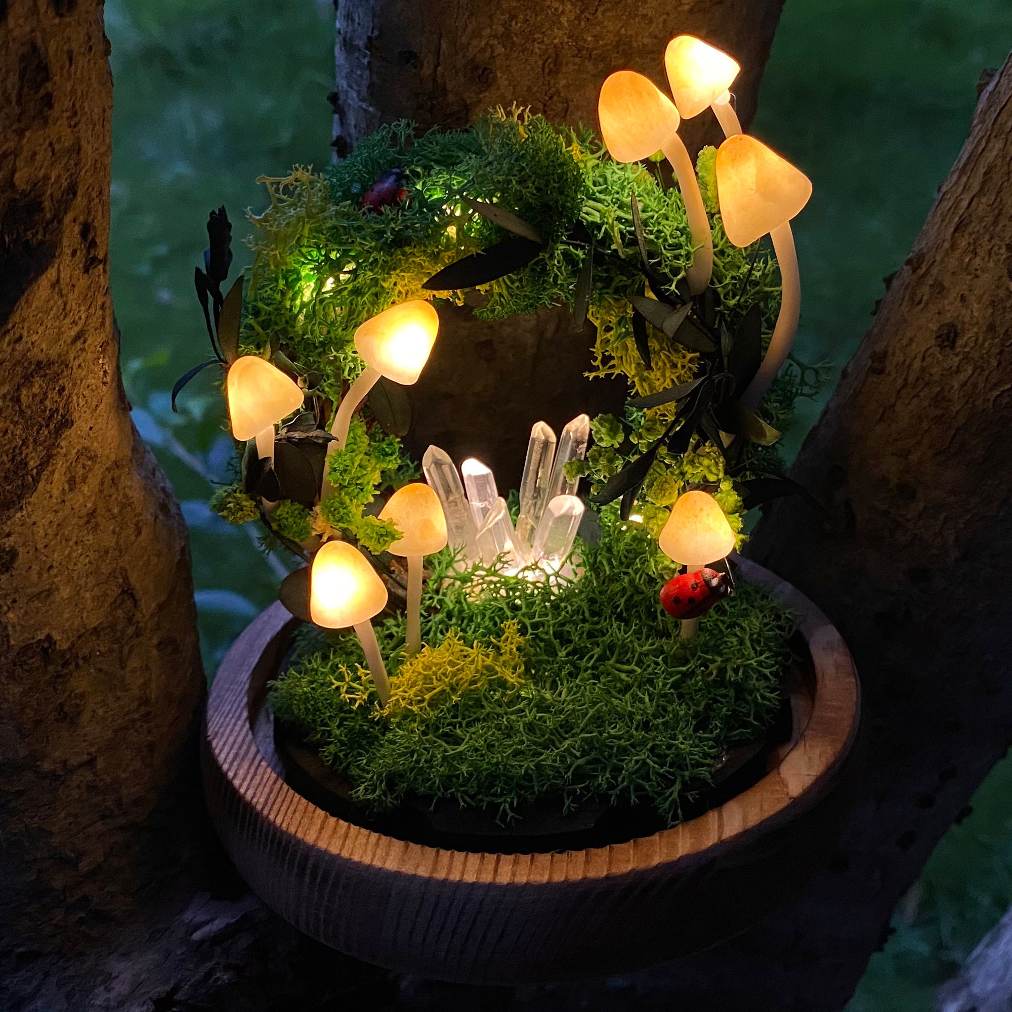 Handmade Mushroom Lamp With Ladybugs, Crystal & Mushroom Night Light ...