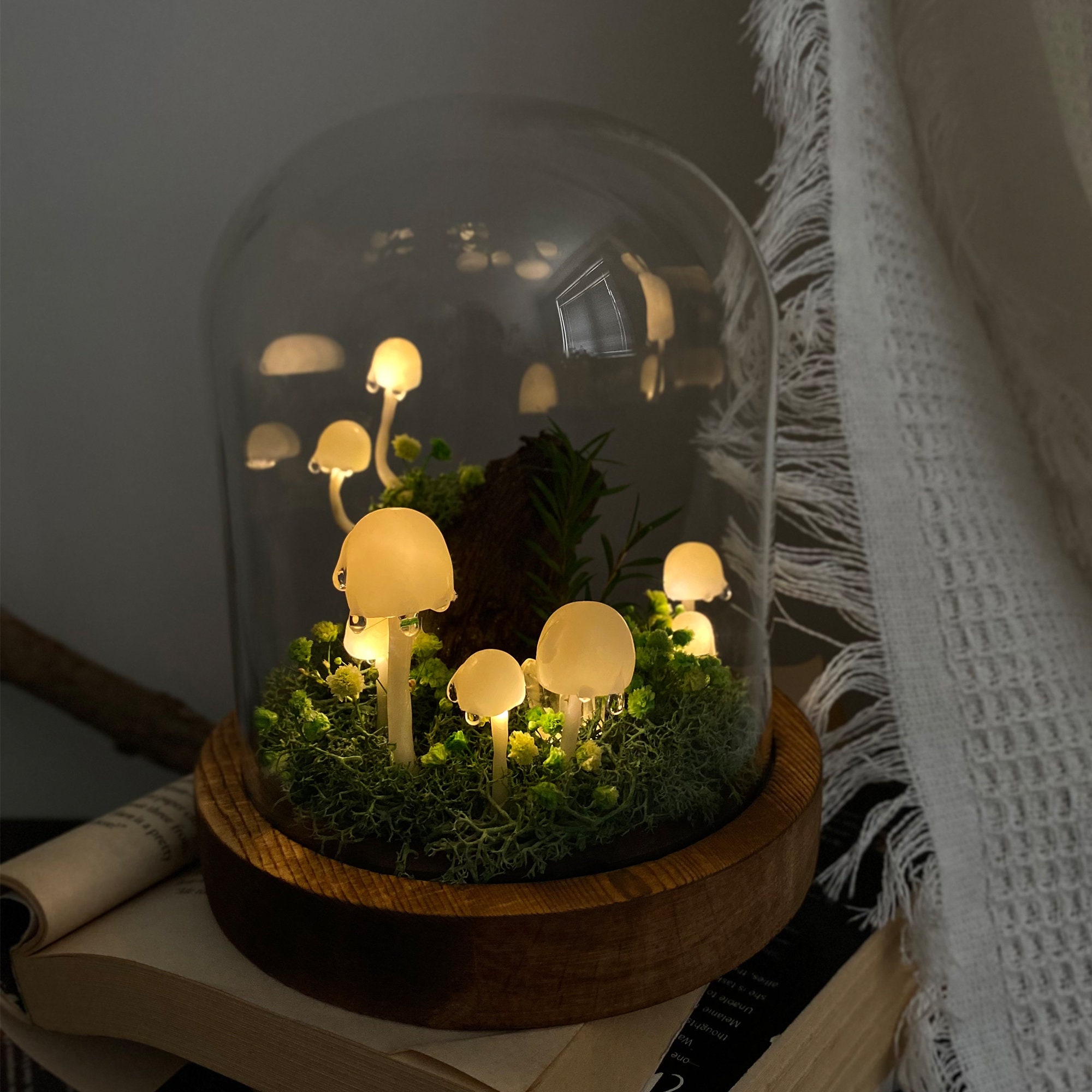 Handmade Mushroom Forest Night Light White Mushroom on Tree Stump Magic ...