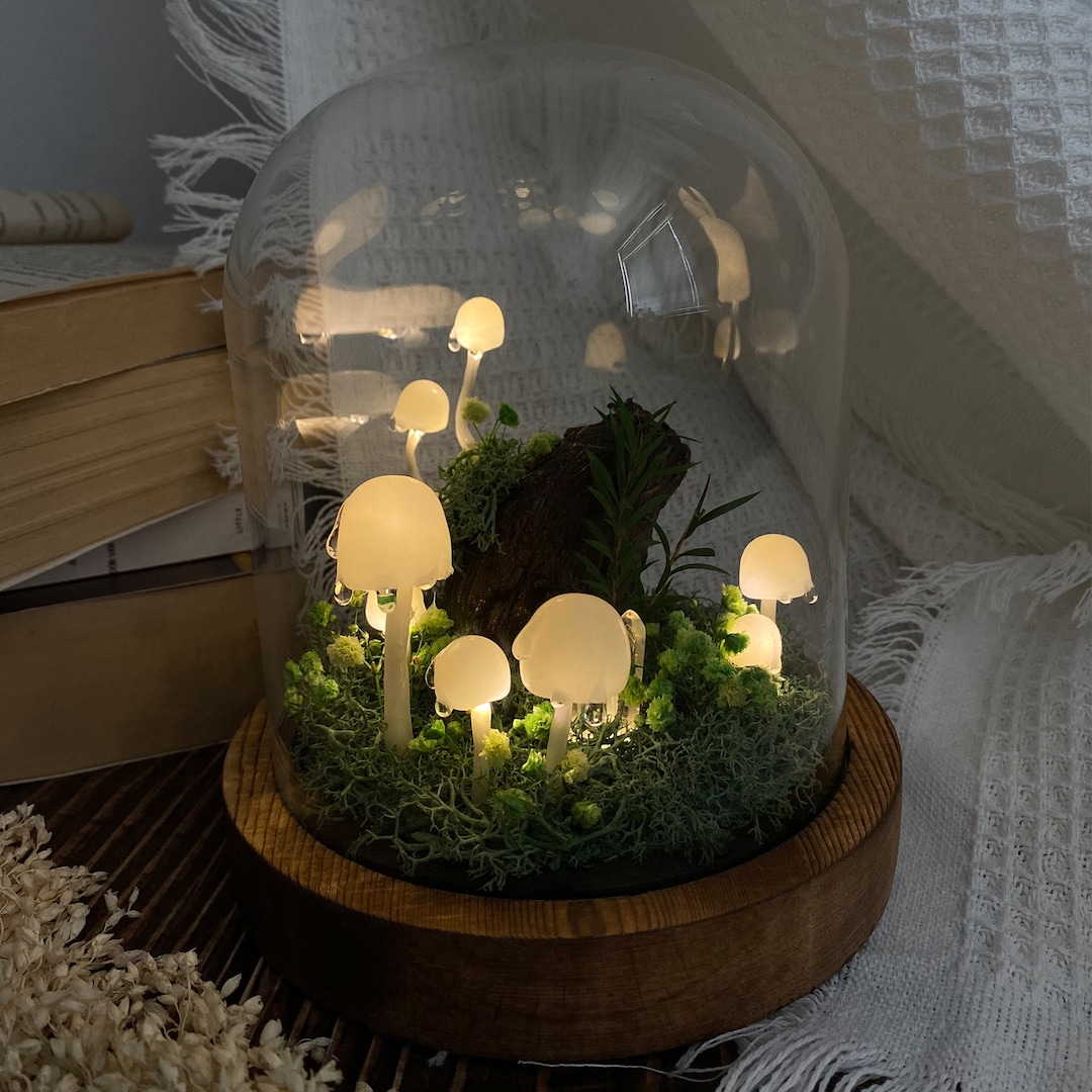 Handmade Mushroom Forest Night Light White Mushroom on Tree Stump Magic ...