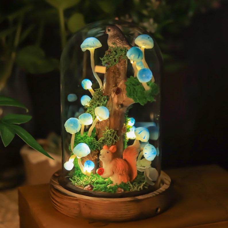 Sky Blue Mushroom Lamp on Tree Stump, Mushroom Night Light With ...