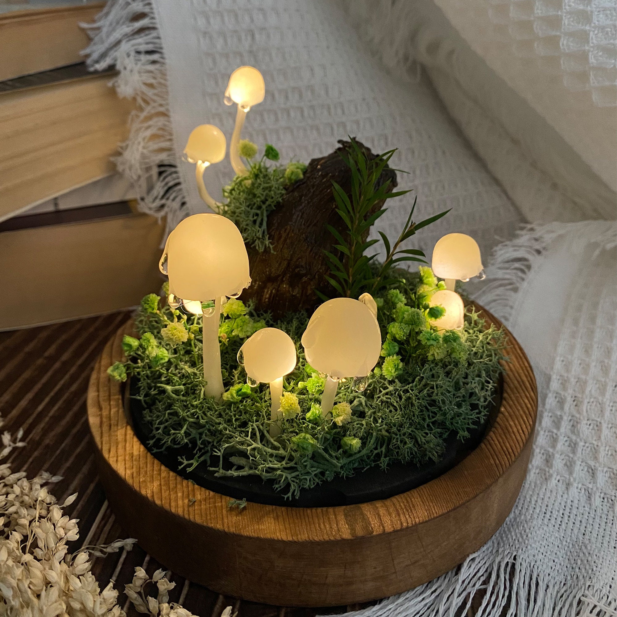 Handmade Mushroom Forest Night Light White Mushroom on Tree Stump Magic ...