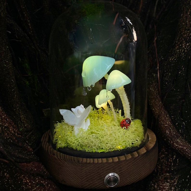 Handmade Mushroom Lamp Blue, Mushrooms Shelter the Angel Cat, Magic ...
