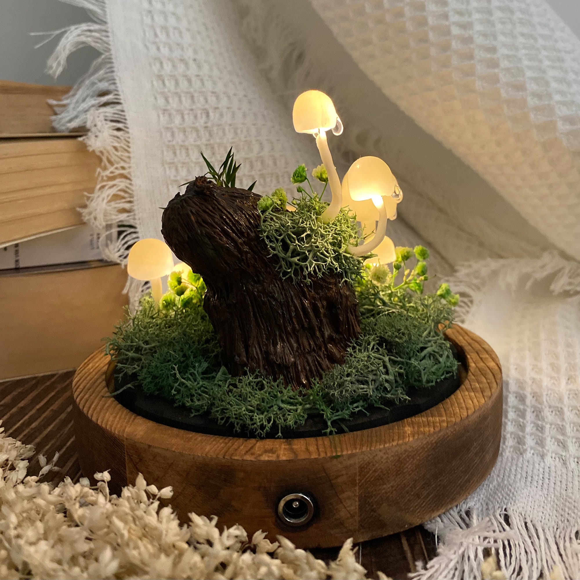 Handmade Mushroom Forest Night Light White Mushroom on Tree Stump Magic ...