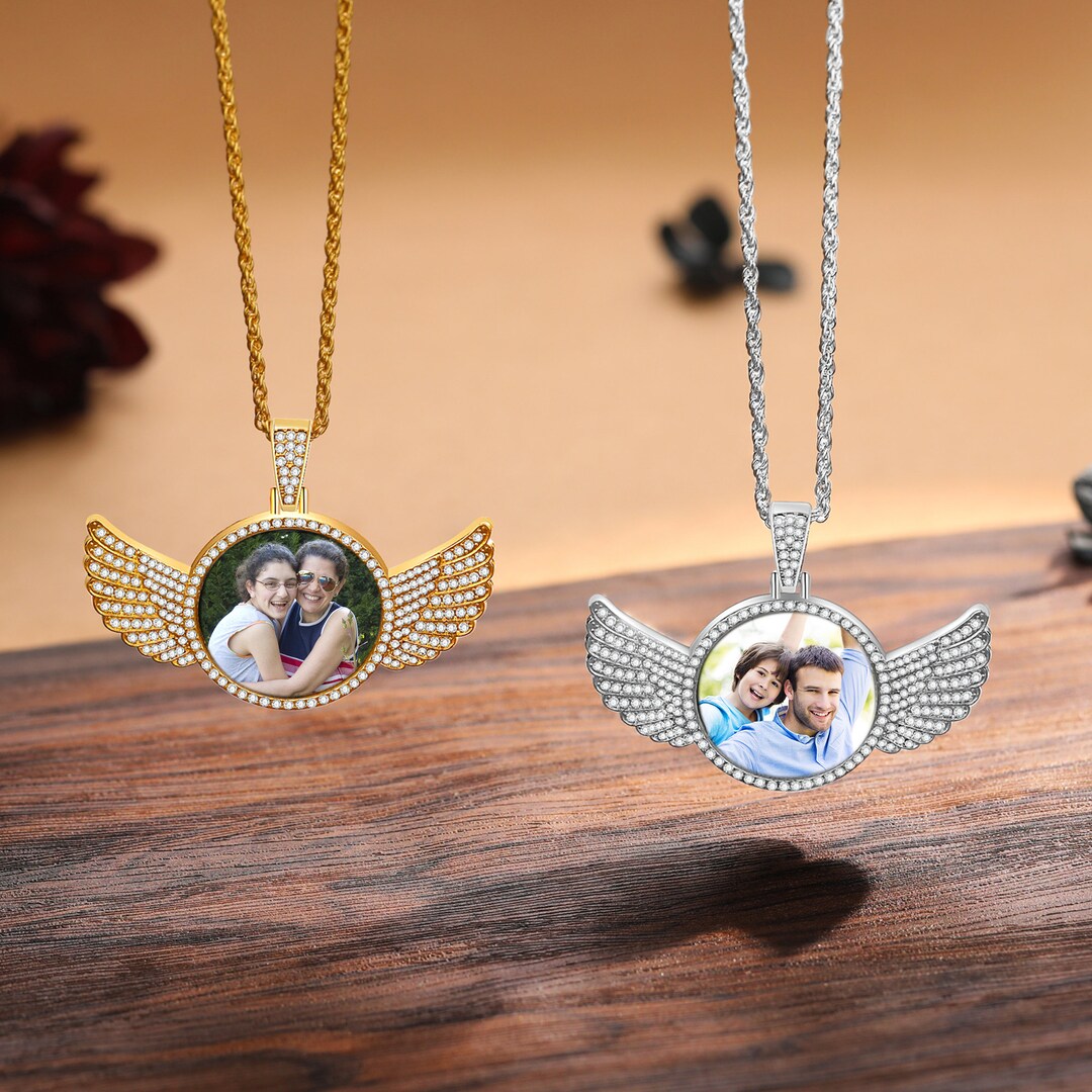 Personalized Diamond Studded Angel Wings Necklace,custom Photo Necklace ...