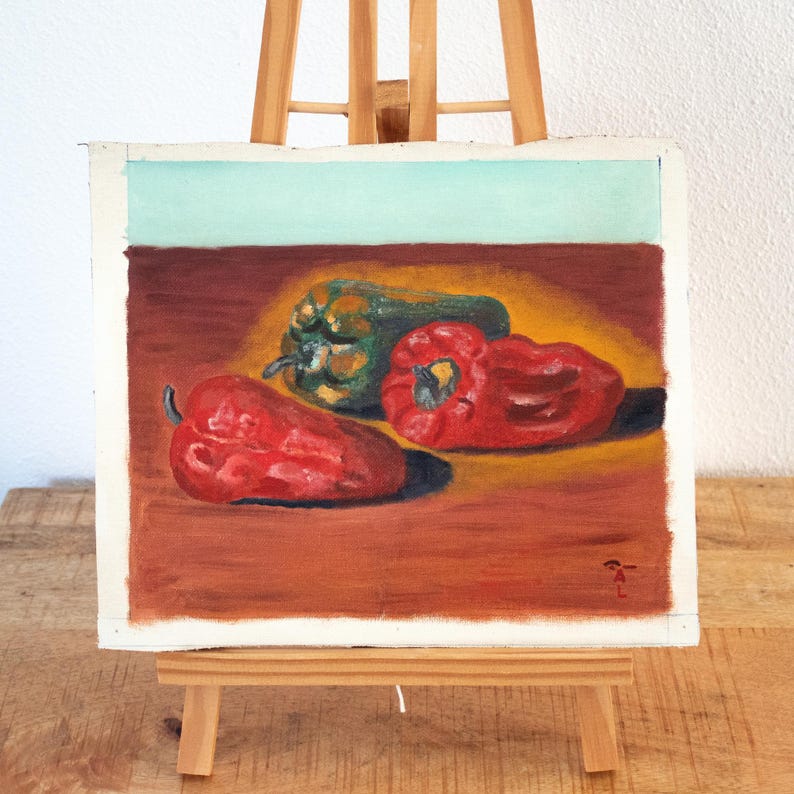 Vintage Still Life Oil Painting of Three Peppers : Unframed Oil on ...