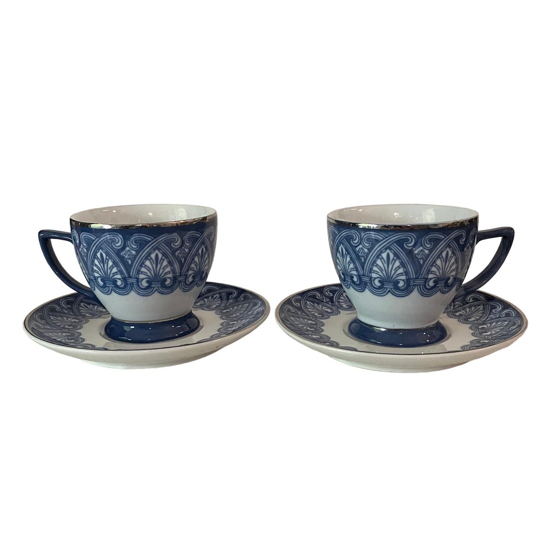 Set of 2 Bombay Porcelain Blue and White With Silver Trim Teacups and ...