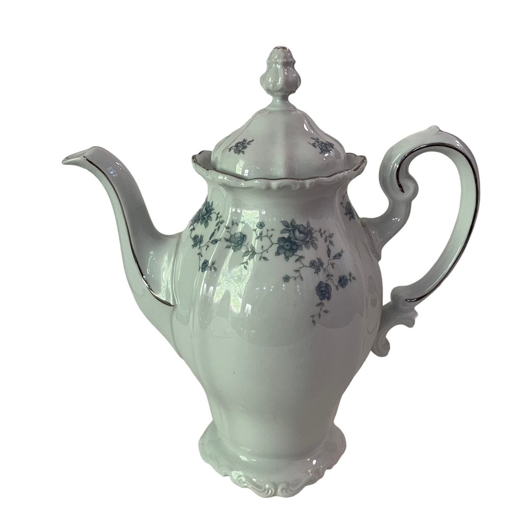 John Haviland White Porcelain 12” Teapot With Blue Flowers and Silver ...