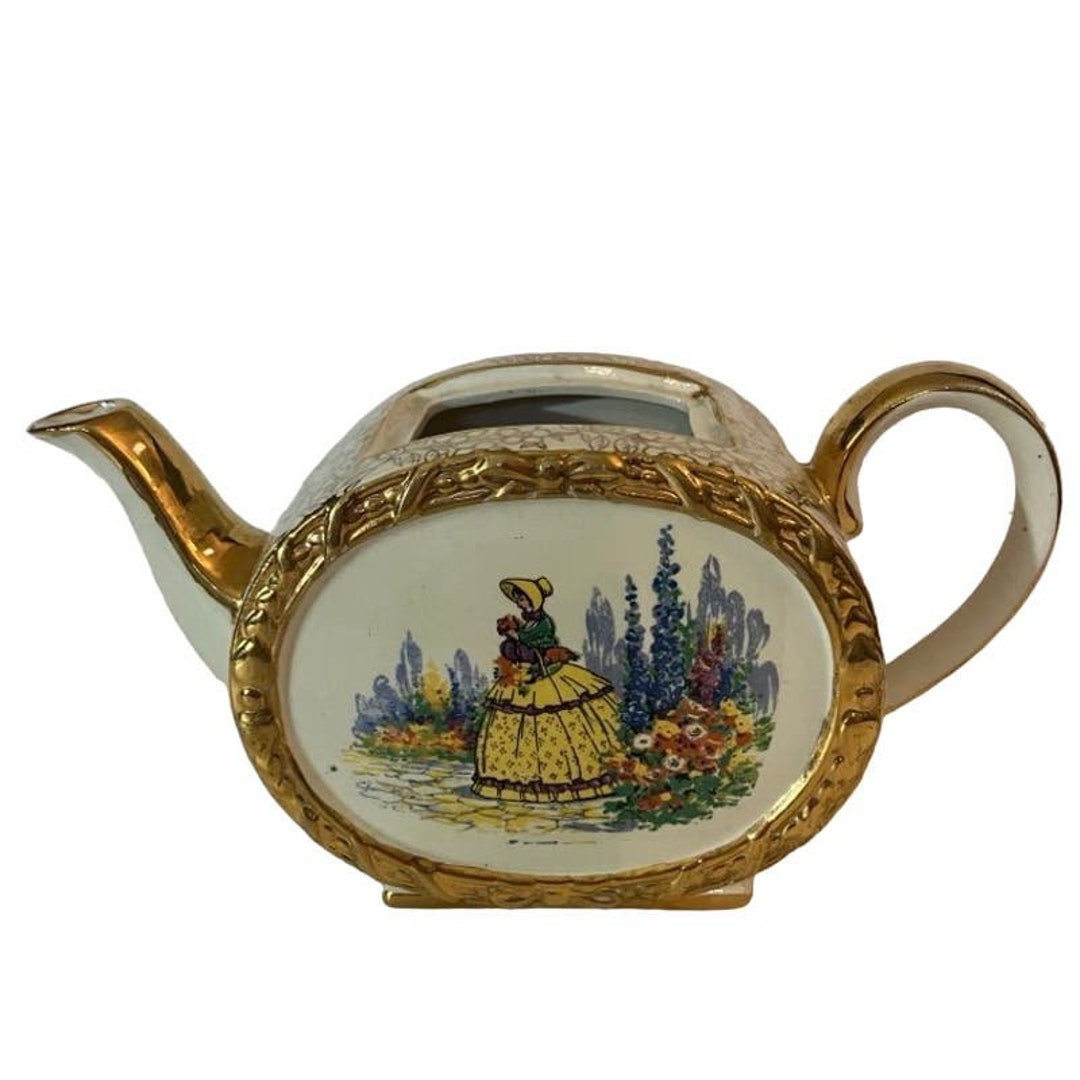 Sadler Oval Footed Barrell Teapot Woman With Yellow Bonnet and Flowers ...