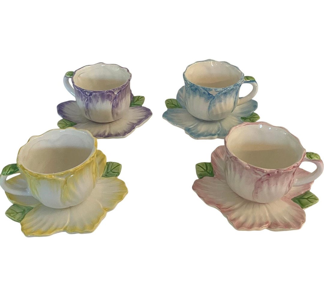 Set of 4 Bombay Co. Spring Tulips Cup & Saucer Sets, Pink, Purple, Blue ...