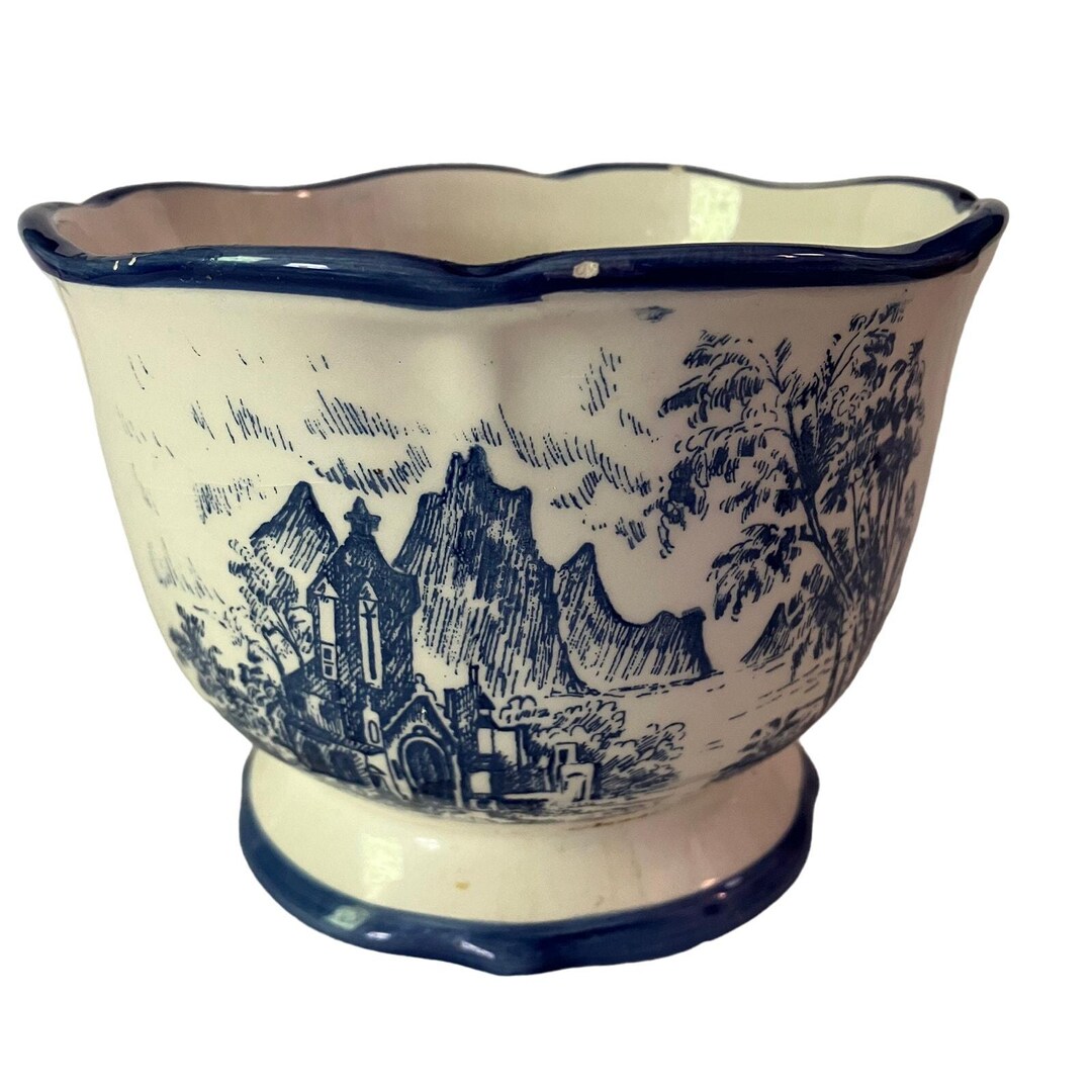 French Countryside Blue and White Porcelain Footed Bowl 4” Tall - Etsy