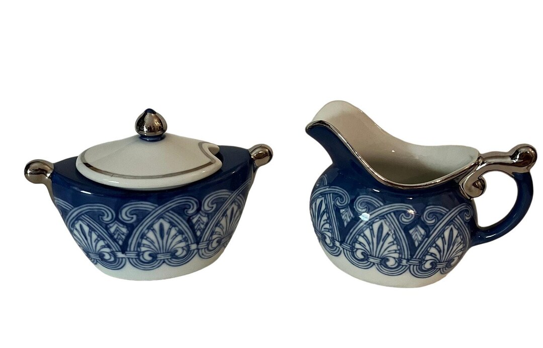 Bombay Porcelain Blue & White With Silver Etching, Cream and Sugar Set ...