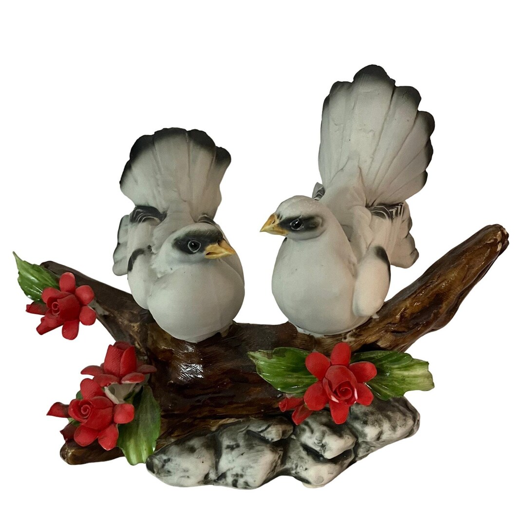 Capodimonte, Italy, Two Birds on Branch of Red Flowers Porcelain ...