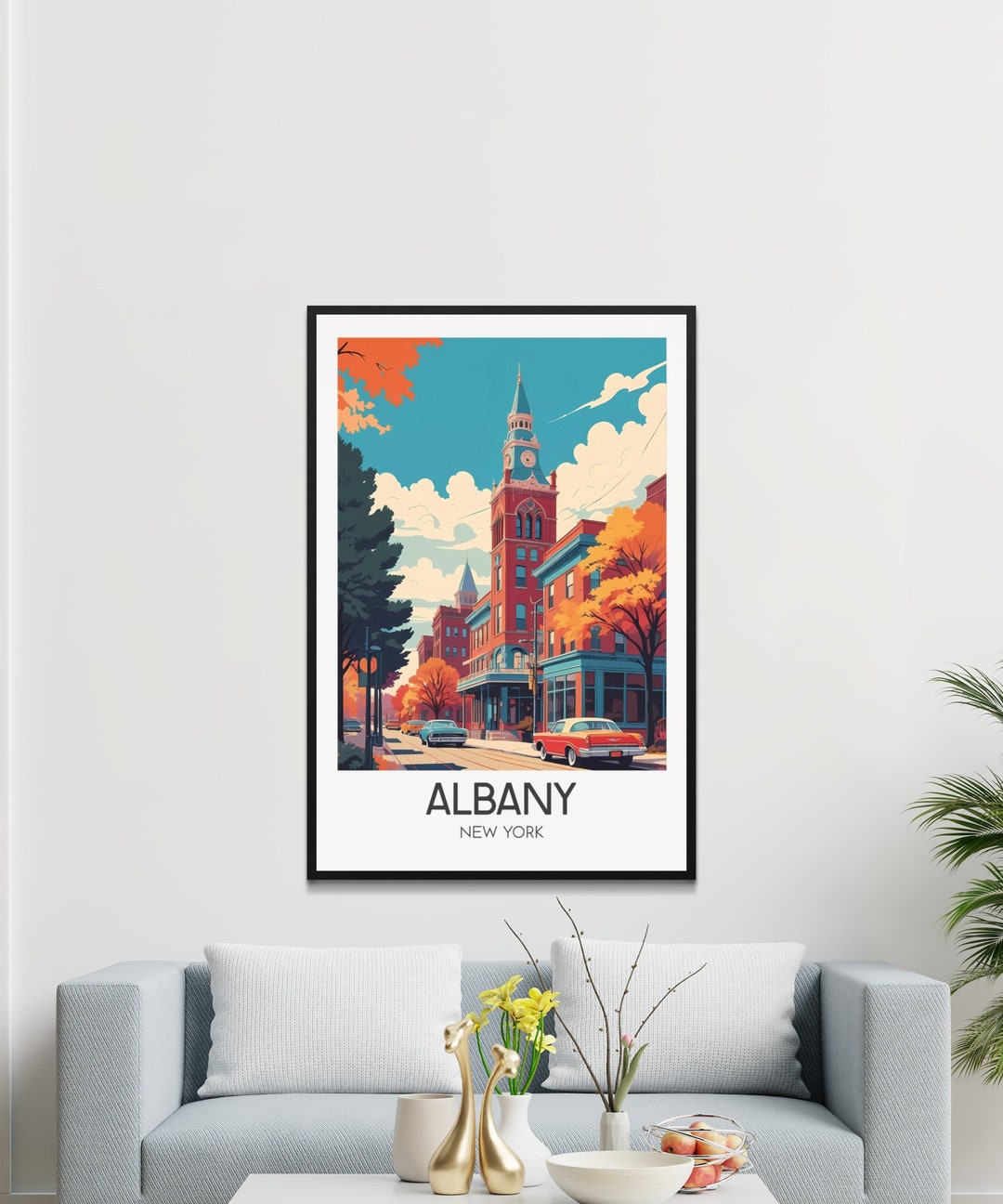 Vintage Retro Albany New York Wall Art Print, Colorful Cityscape Home ...