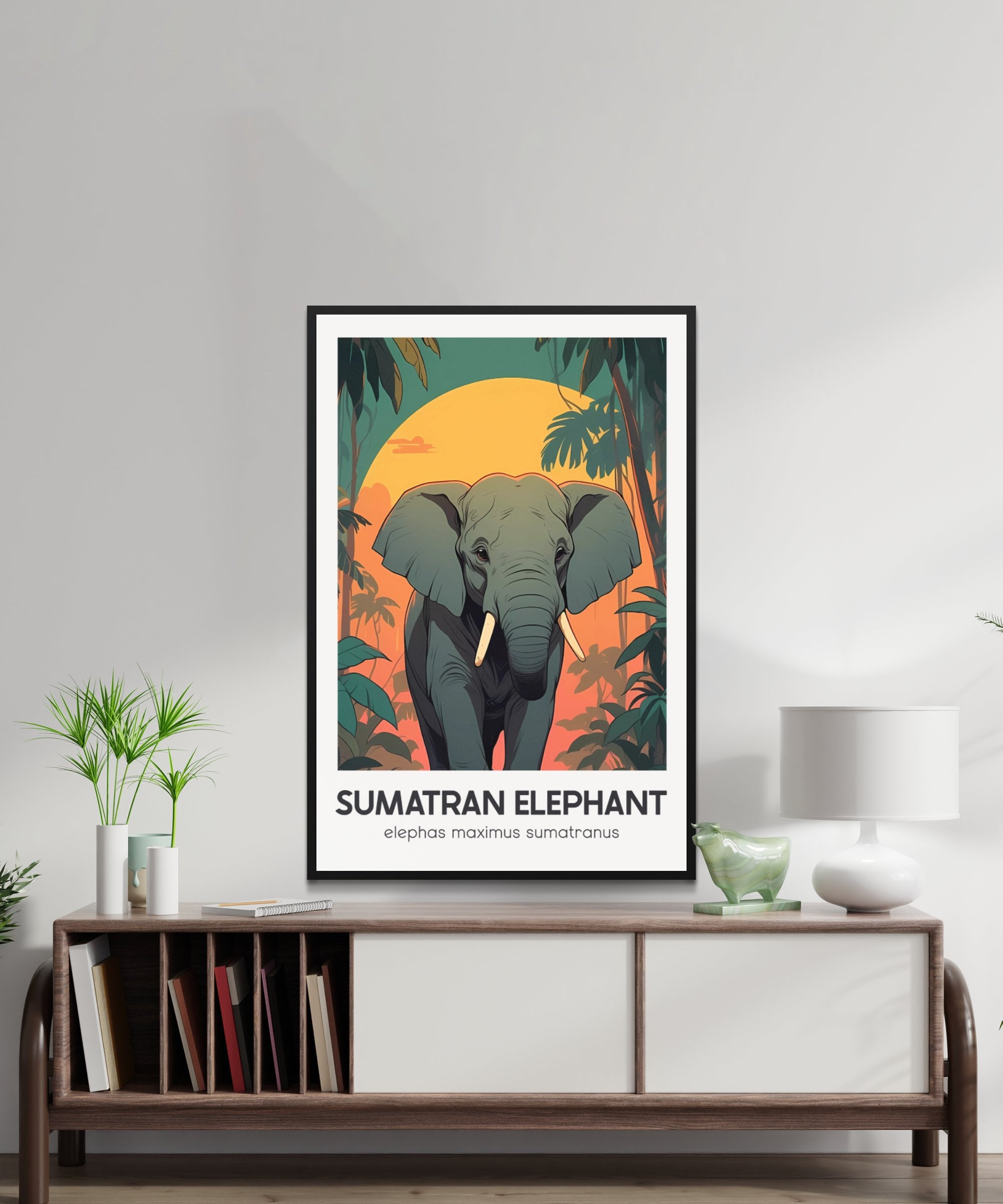 Sumatran Elephant Retro Style Poster, Vintage Jungle Wall Art ...