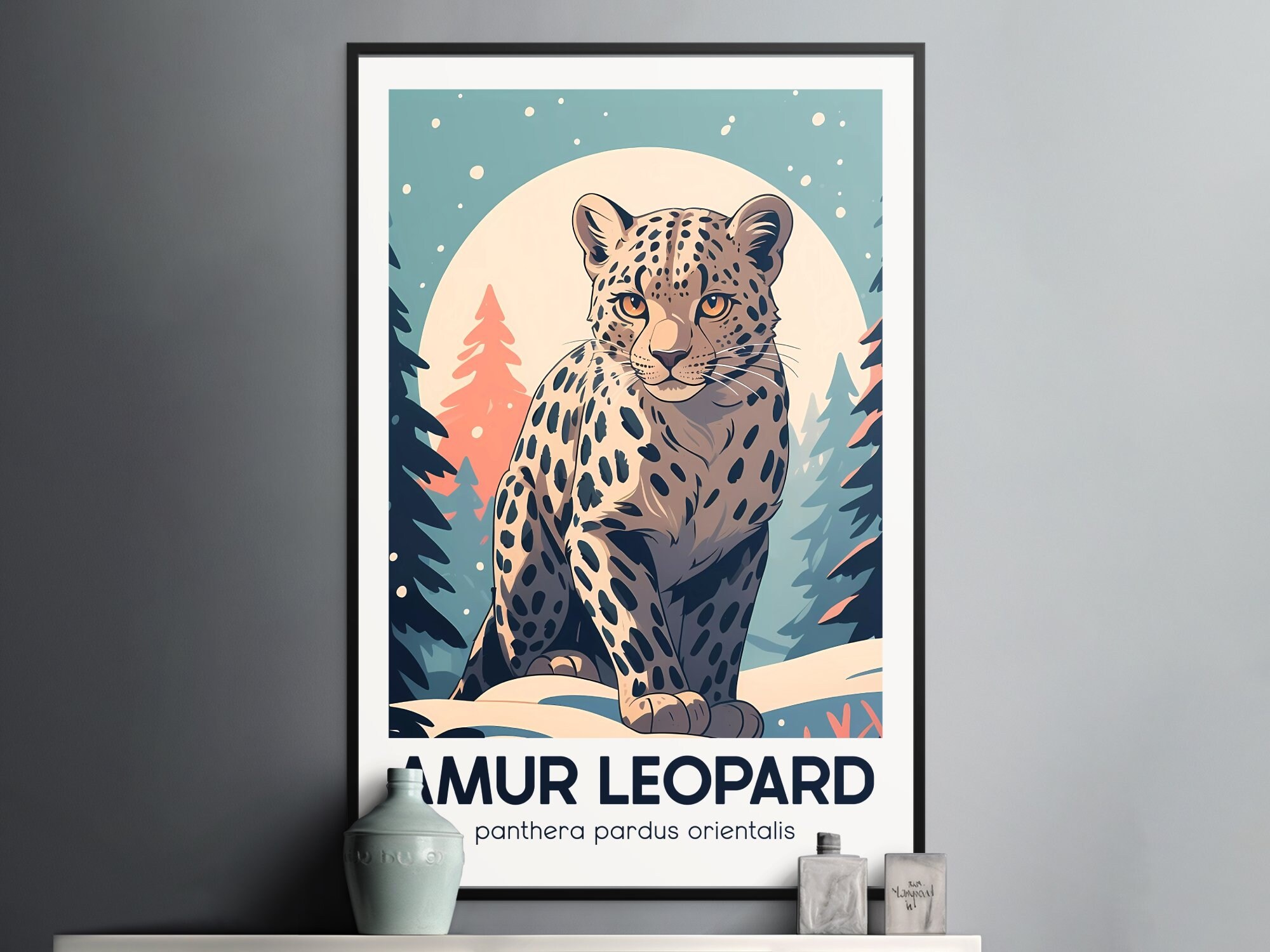 Amur Leopard Poster, Endangered Species Wall Art, Retro Style Wildlife ...