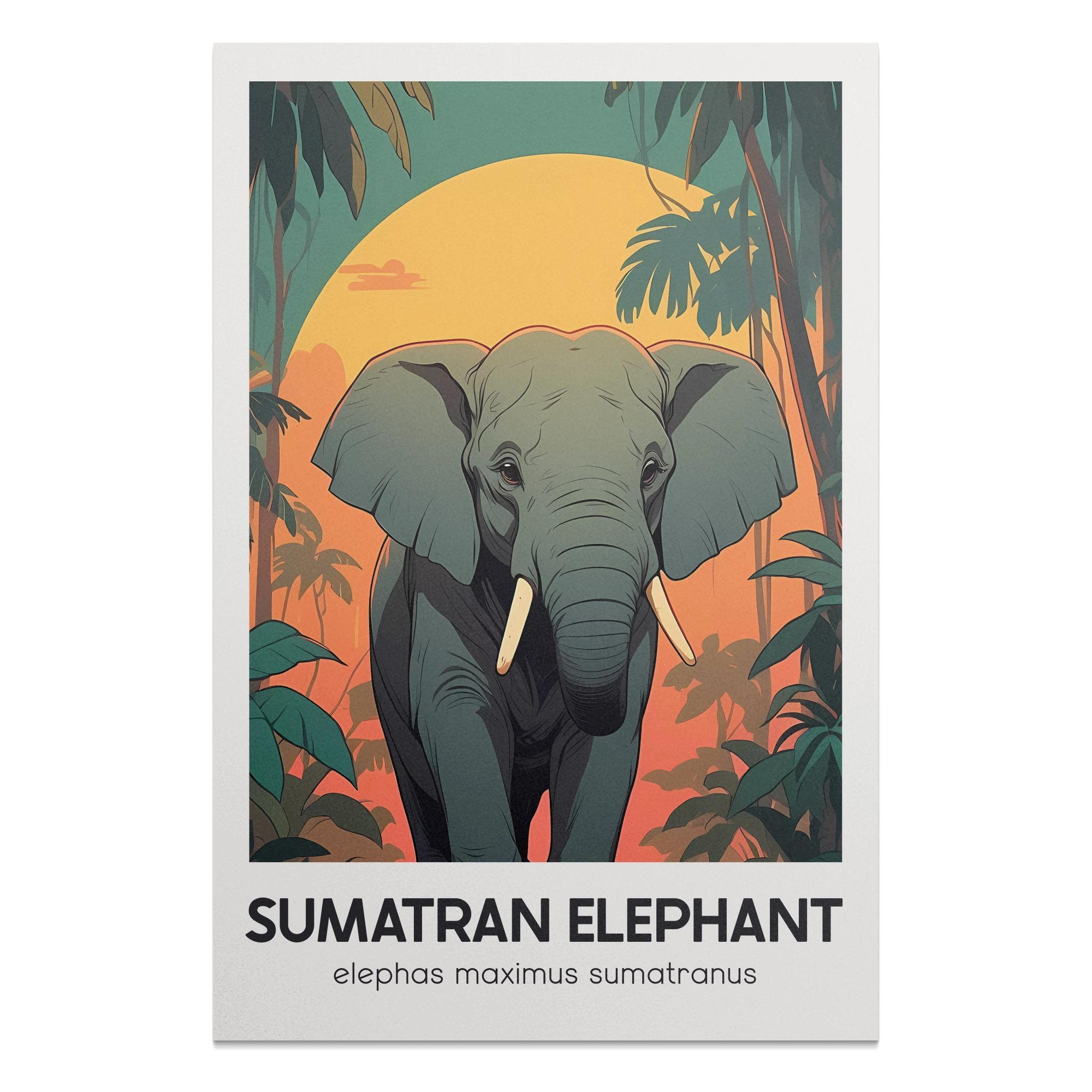 Sumatran Elephant Retro Style Poster, Vintage Jungle Wall Art ...