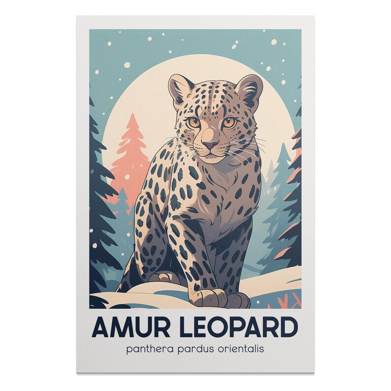 Amur Leopard Poster, Endangered Species Wall Art, Retro Style Wildlife ...