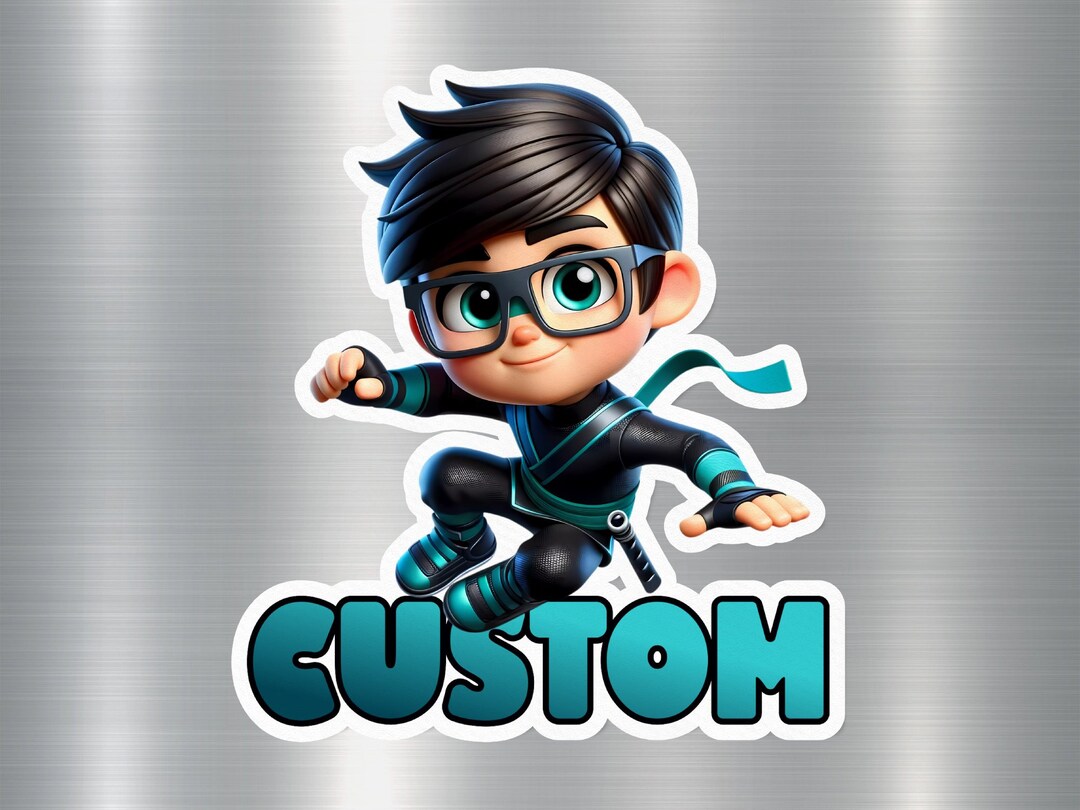 Custom Teal Ninja Kid Sticker and Fridge Magnet, Personalized Decal for ...
